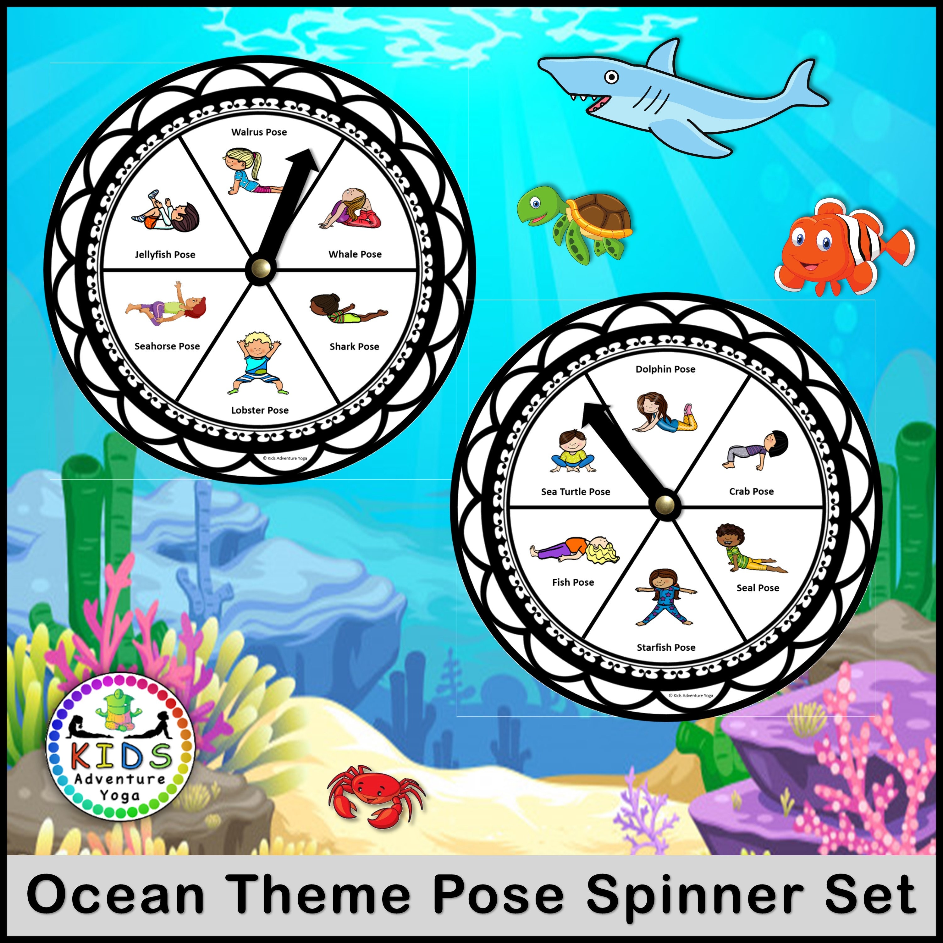 Ocean Kids Yoga Games and Activities Set, Coloring Pages, Spinner Game ...