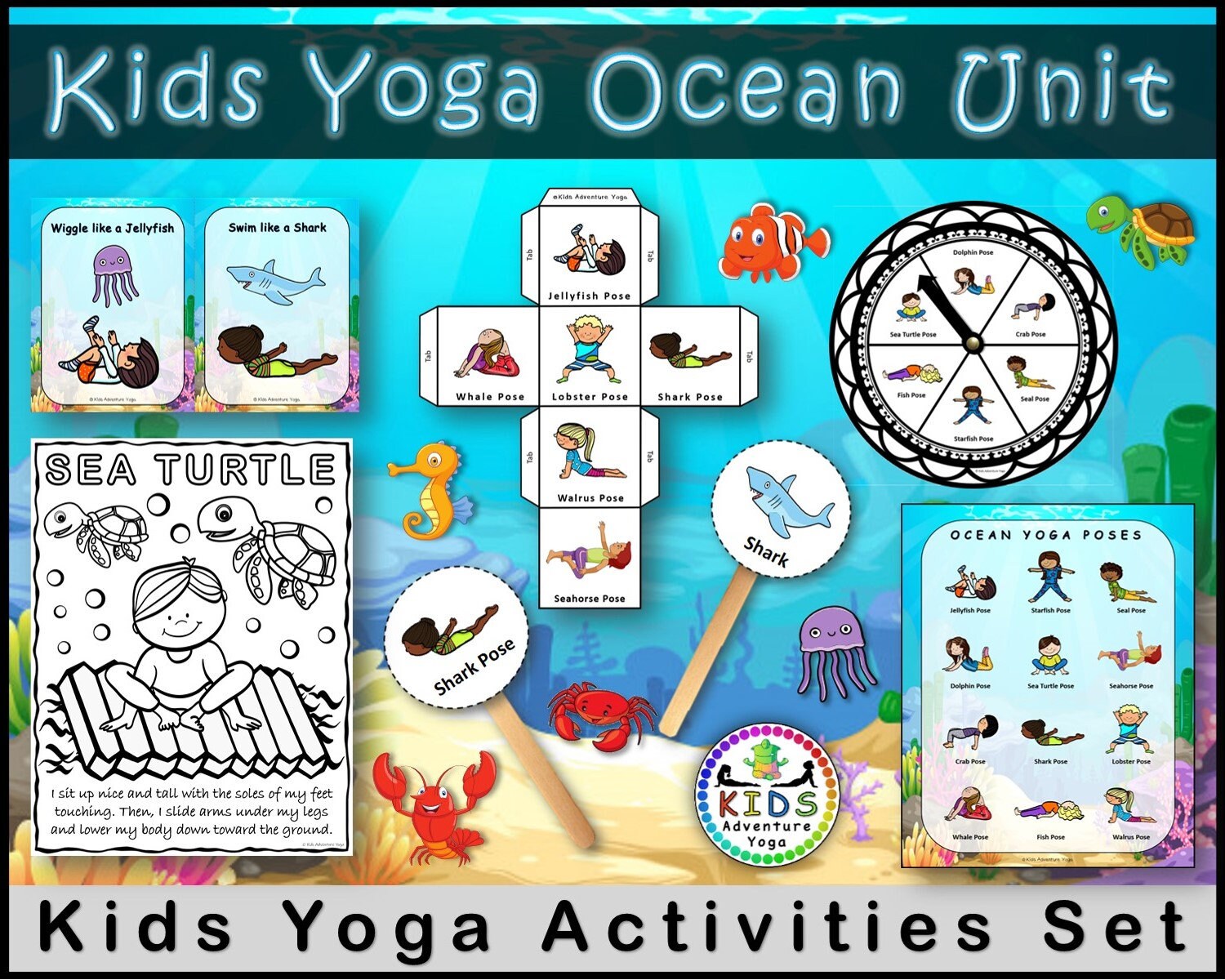Ocean Kids Yoga Games and Activities Set, Coloring Pages, Spinner Game ...