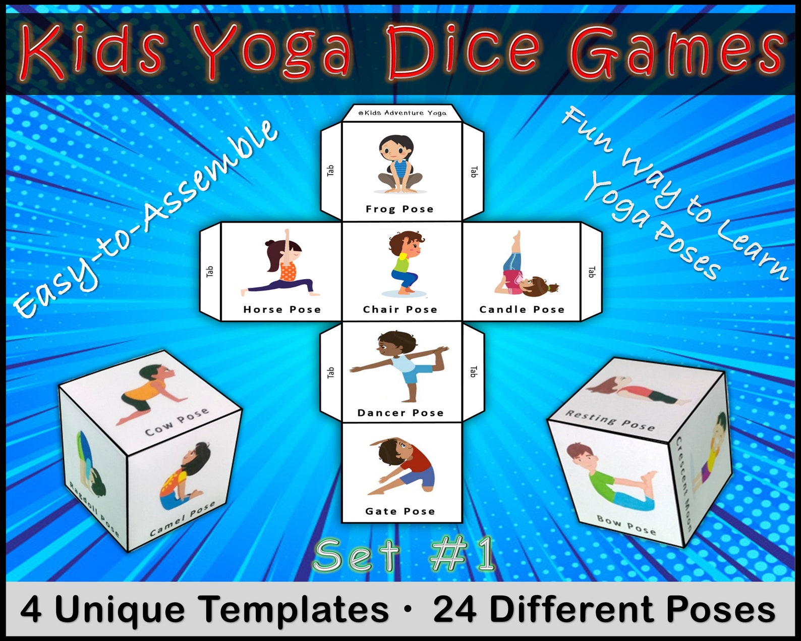 Kids Yoga Dice Game, 24 Different Poses, Fitness Game, Kids Yoga Class ...