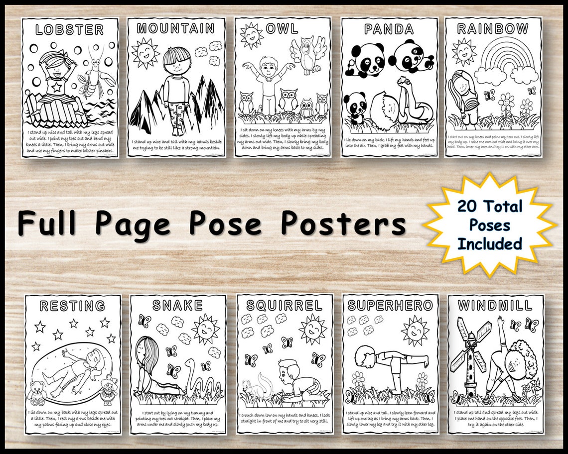 Kids Yoga Pose Coloring Pages Set, Mindfulness Coloring Posters, Calm ...