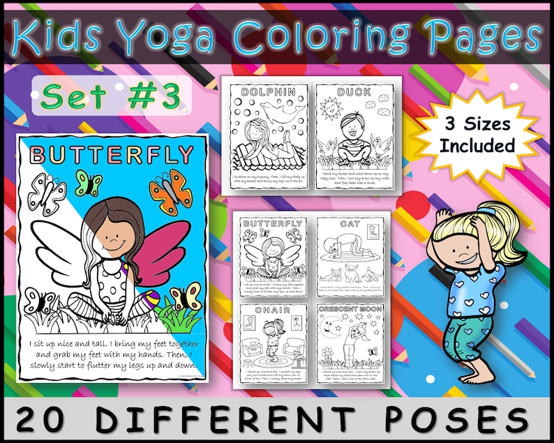 Kids Yoga Pose Coloring Pages Set, Mindfulness Coloring Posters, Calm ...
