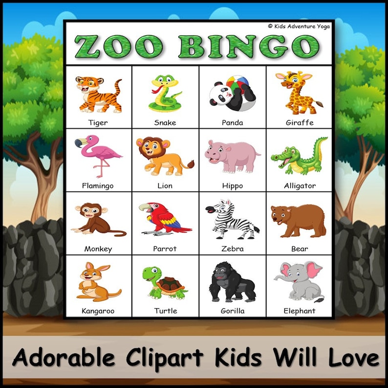 Zoo Animals Bingo Game With Kids Yoga Poses Included for Active ...