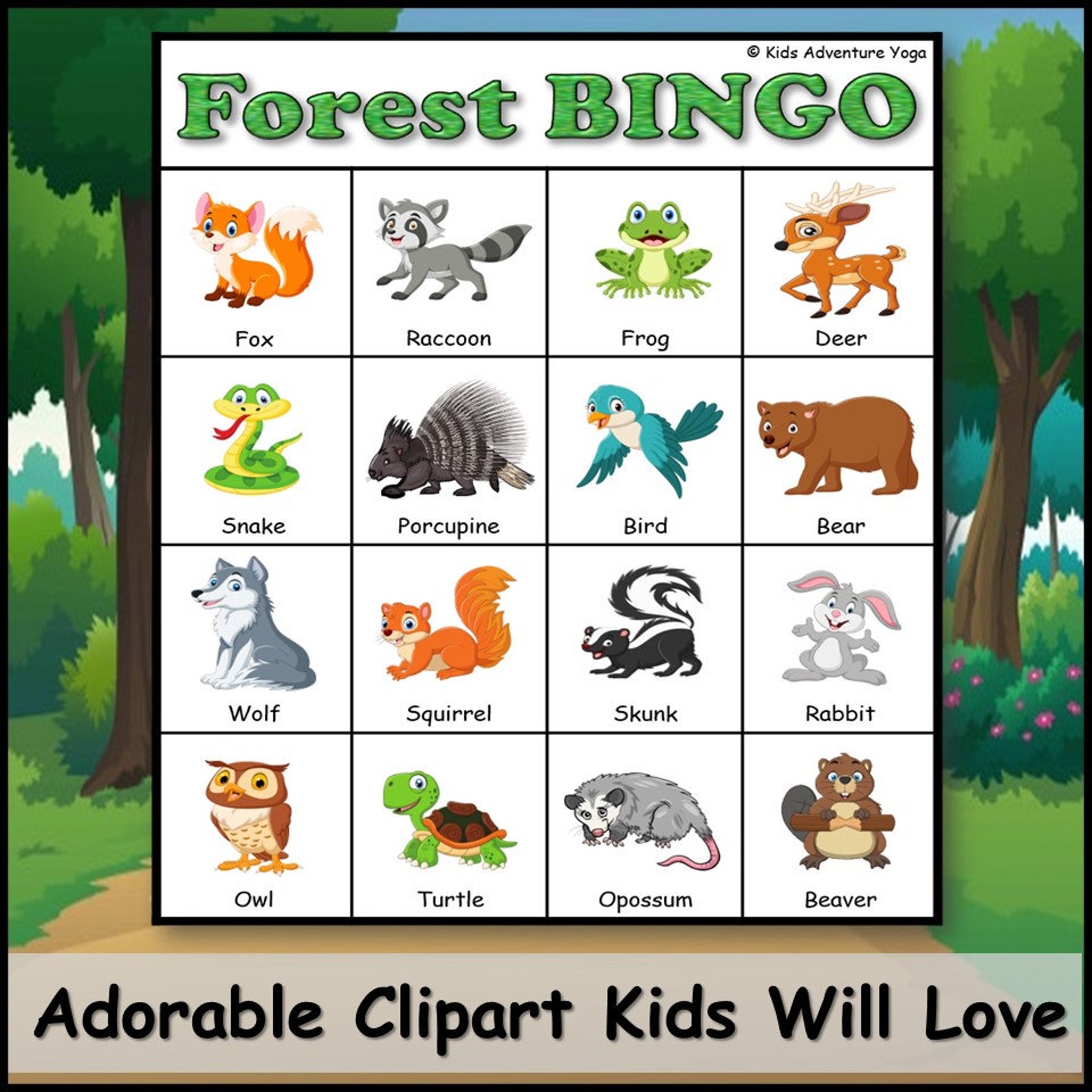 Forest Animals Bingo Game With Kids Yoga Poses Included for Active ...