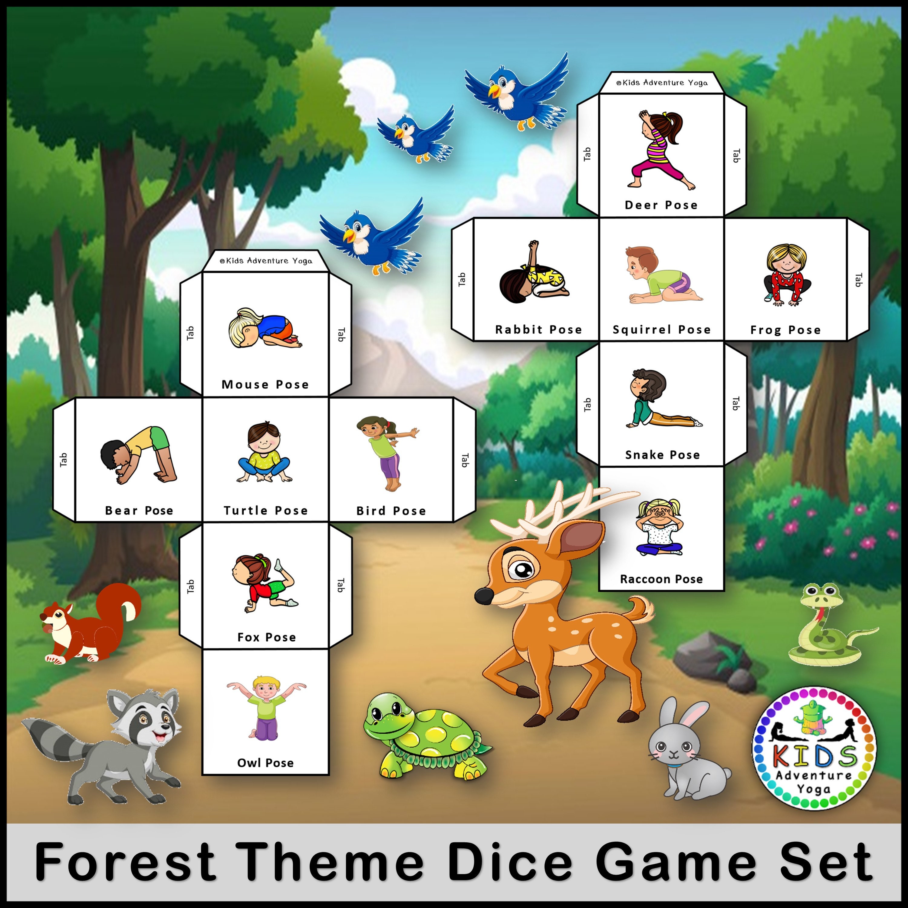 Forest Animals Kids Yoga Games and Activities Set, Coloring Pages ...