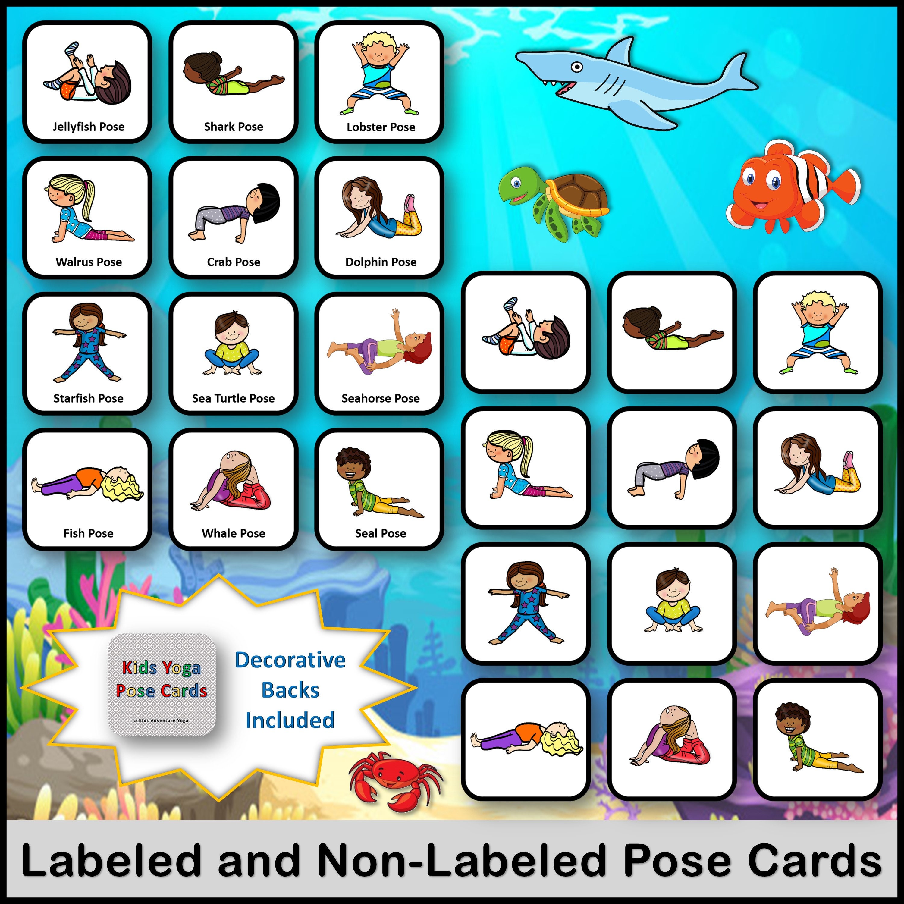 Ocean Kids Yoga Games and Activities Set, Coloring Pages, Spinner Game ...