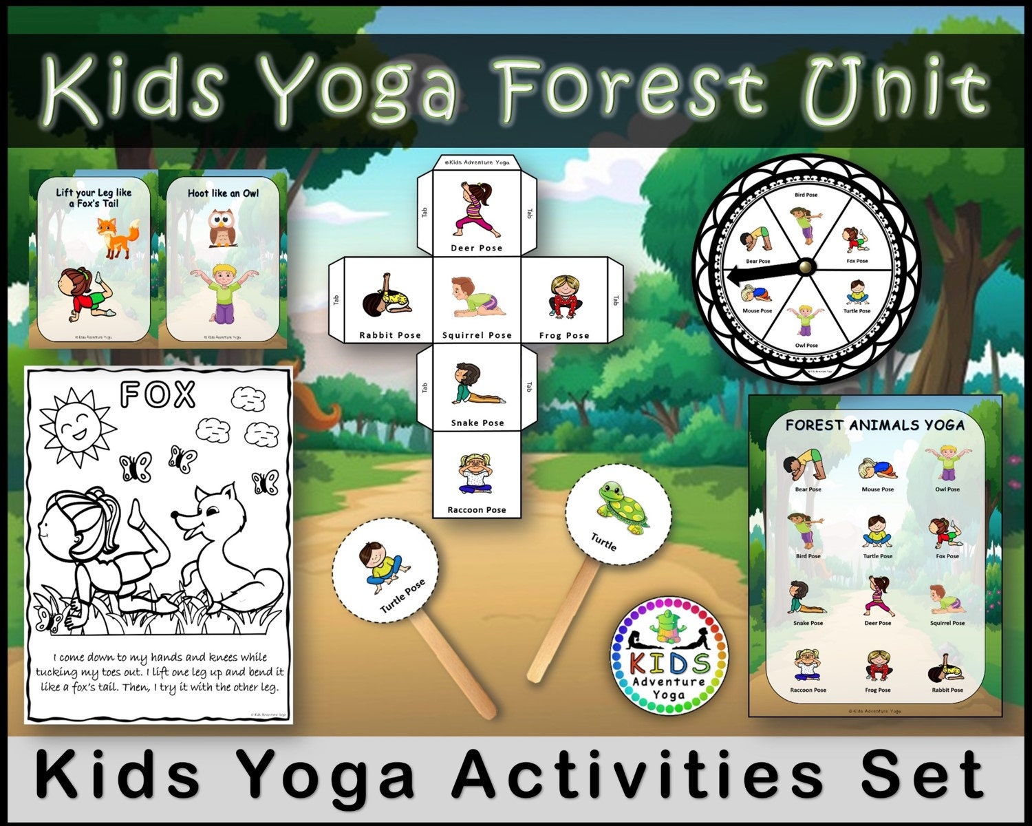 Forest Animals Kids Yoga Games and Activities Set, Coloring Pages ...