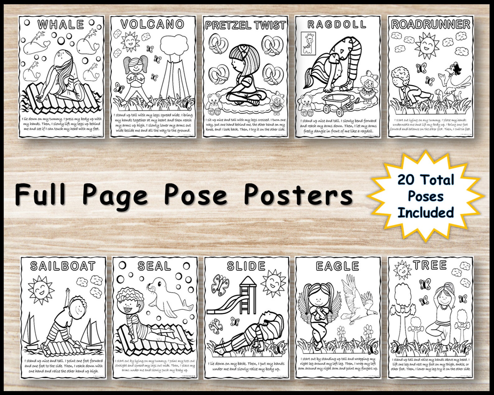 Kids Yoga Pose Coloring Pages Set, Mindfulness Coloring Posters, Calm ...