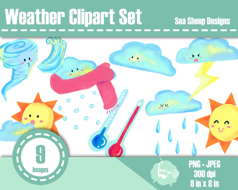 Watercolor Weather Clipart Set Cute Cartoon PNG Digital - Etsy