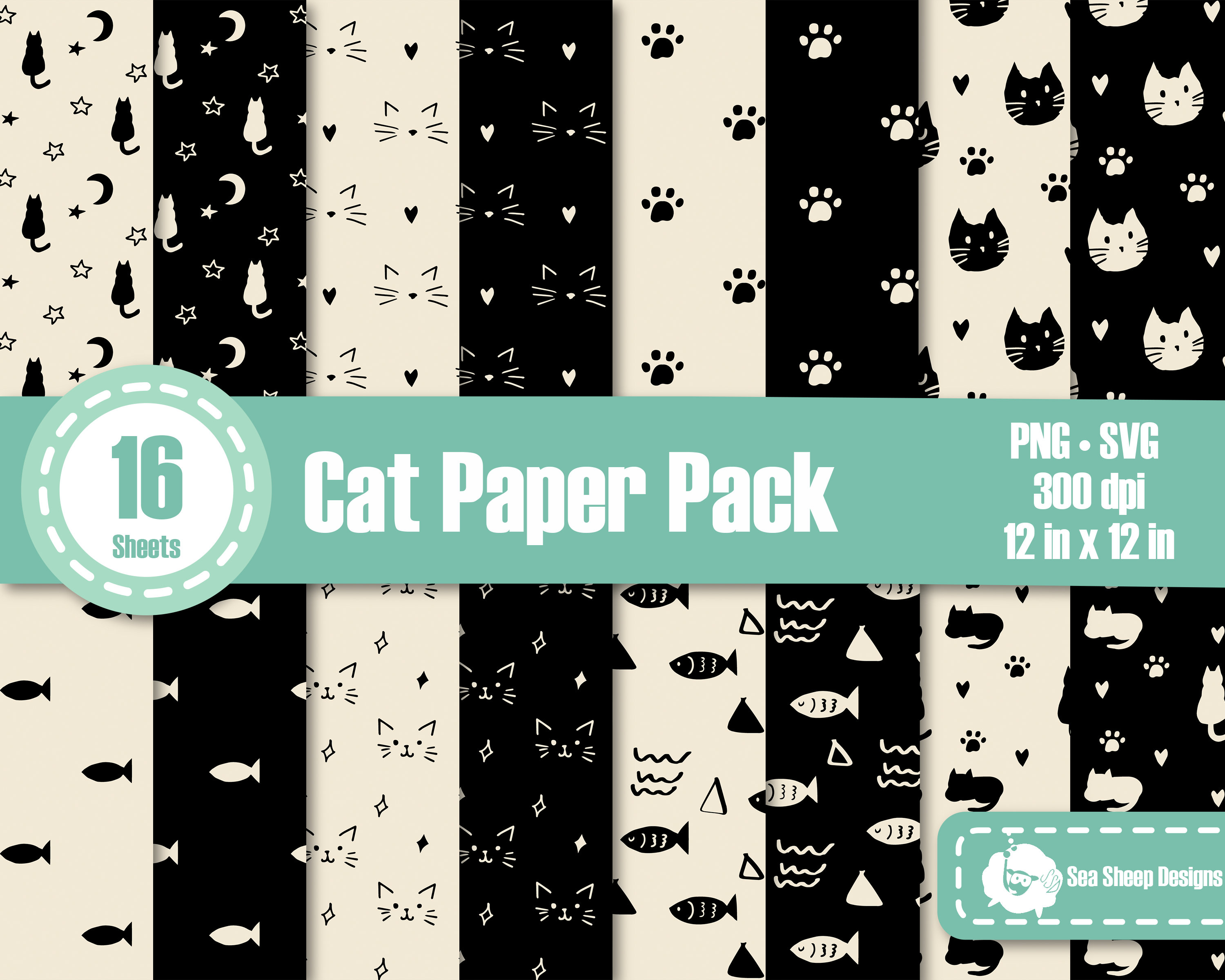 Cat Digital Paper Pack in Black and White/ Cute Animal Pattern Set in ...