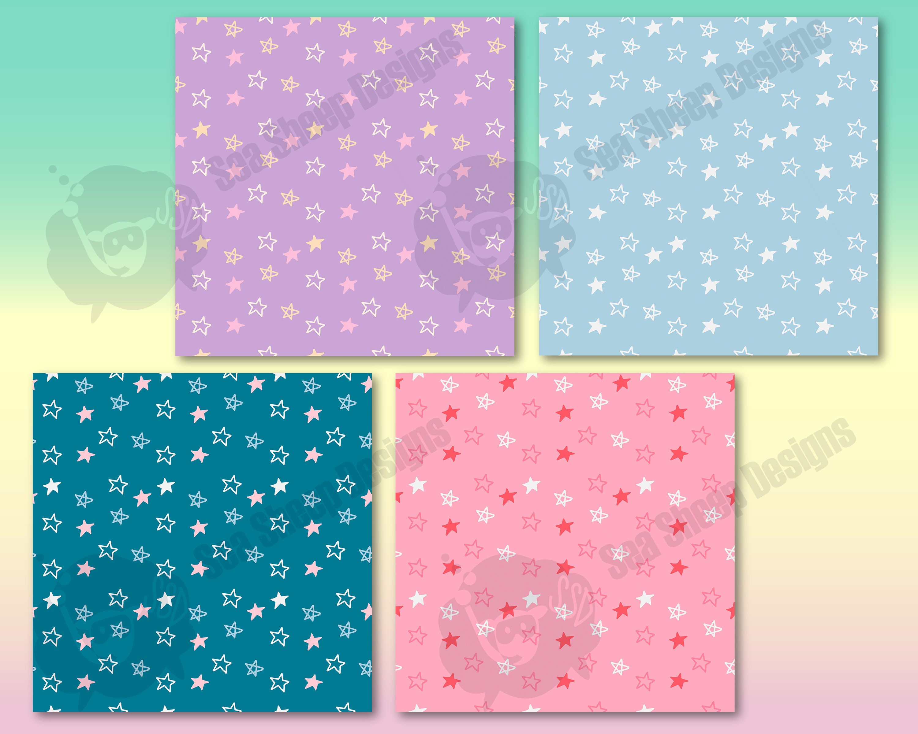 Star Digital Paper Pack, Simple Hand Drawn Pastel PNG SVG Seamless ...