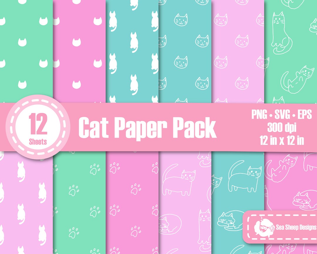 Cat Digital Paper Pack, Simple Pink Mint Teal Green PNG SVG EPS ...