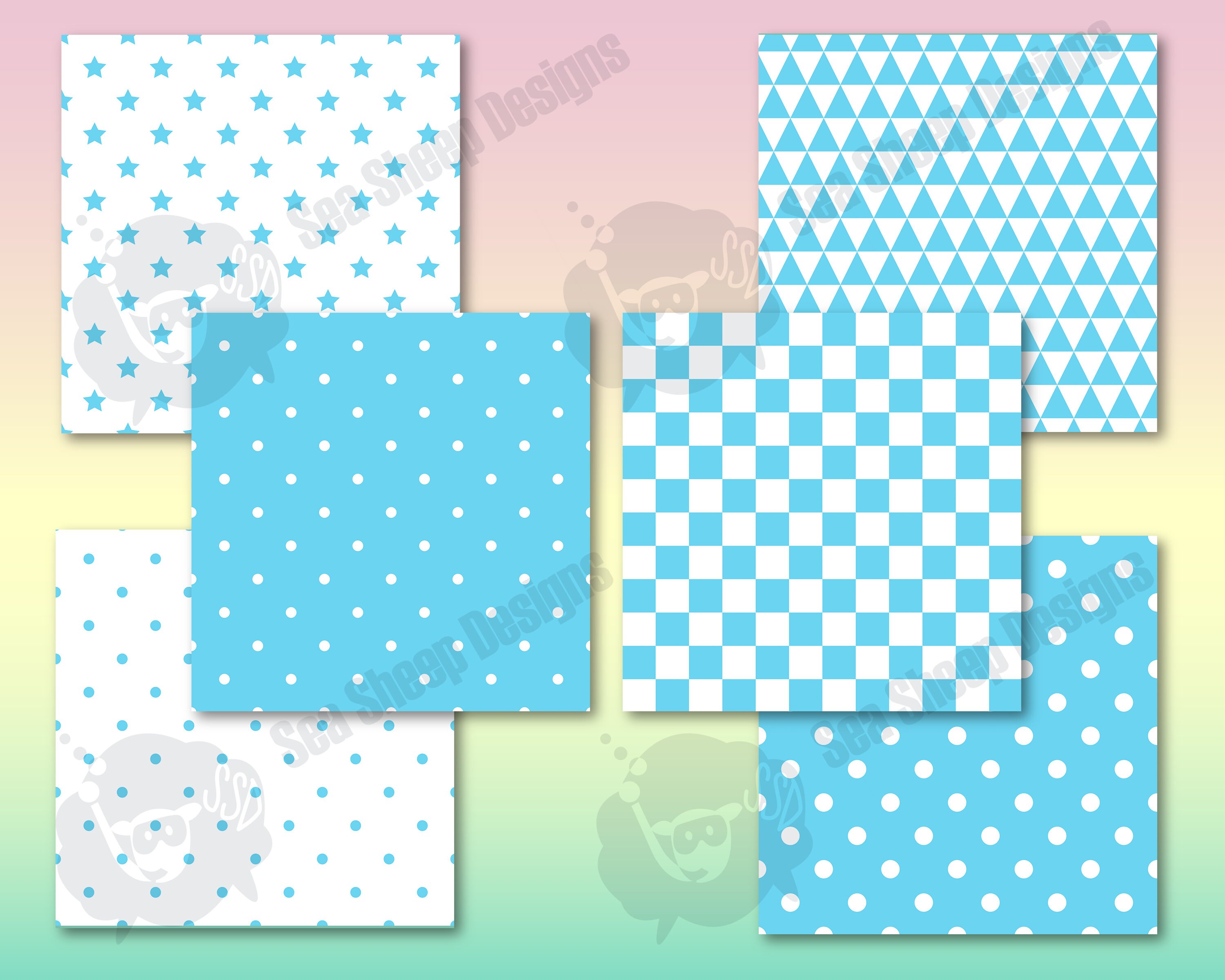 Cute Baby Blue Digital Paper Set/ Hearts Polka Dot Stripes Checkerboard ...