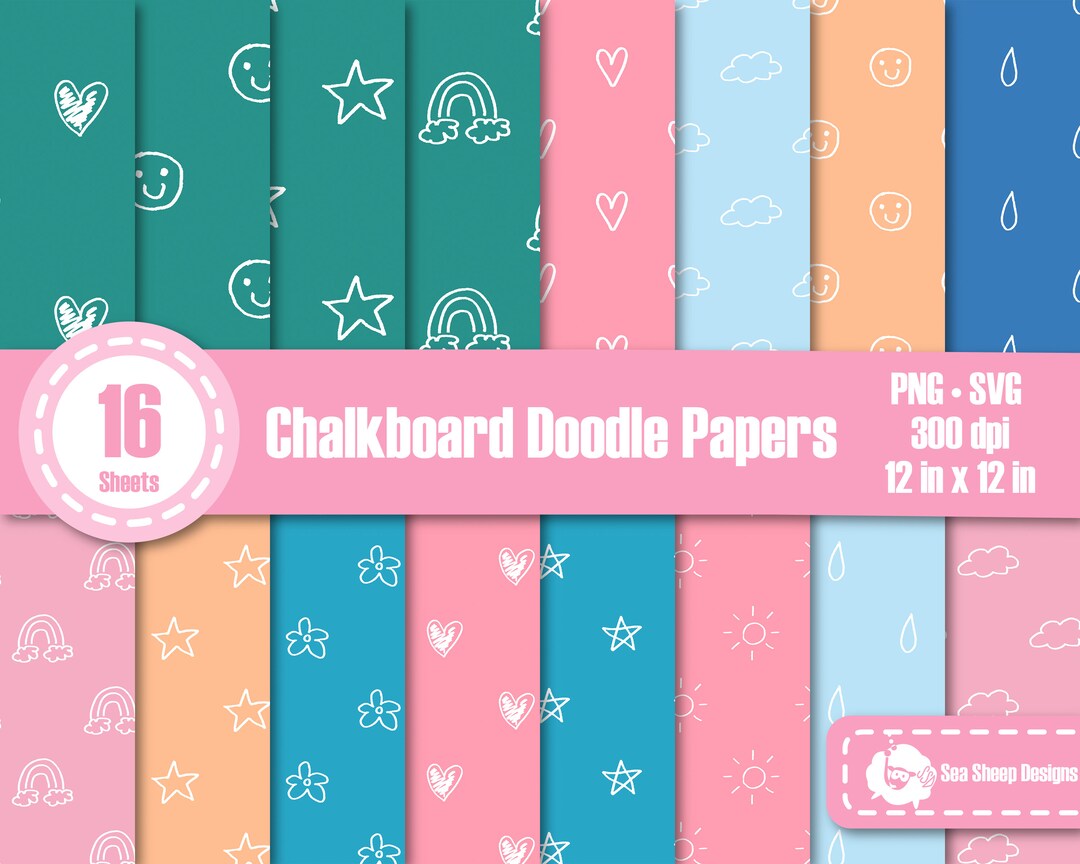 Chalkboard Hand Drawn Digital Paper Pack/ Heart Smiley Face Star ...