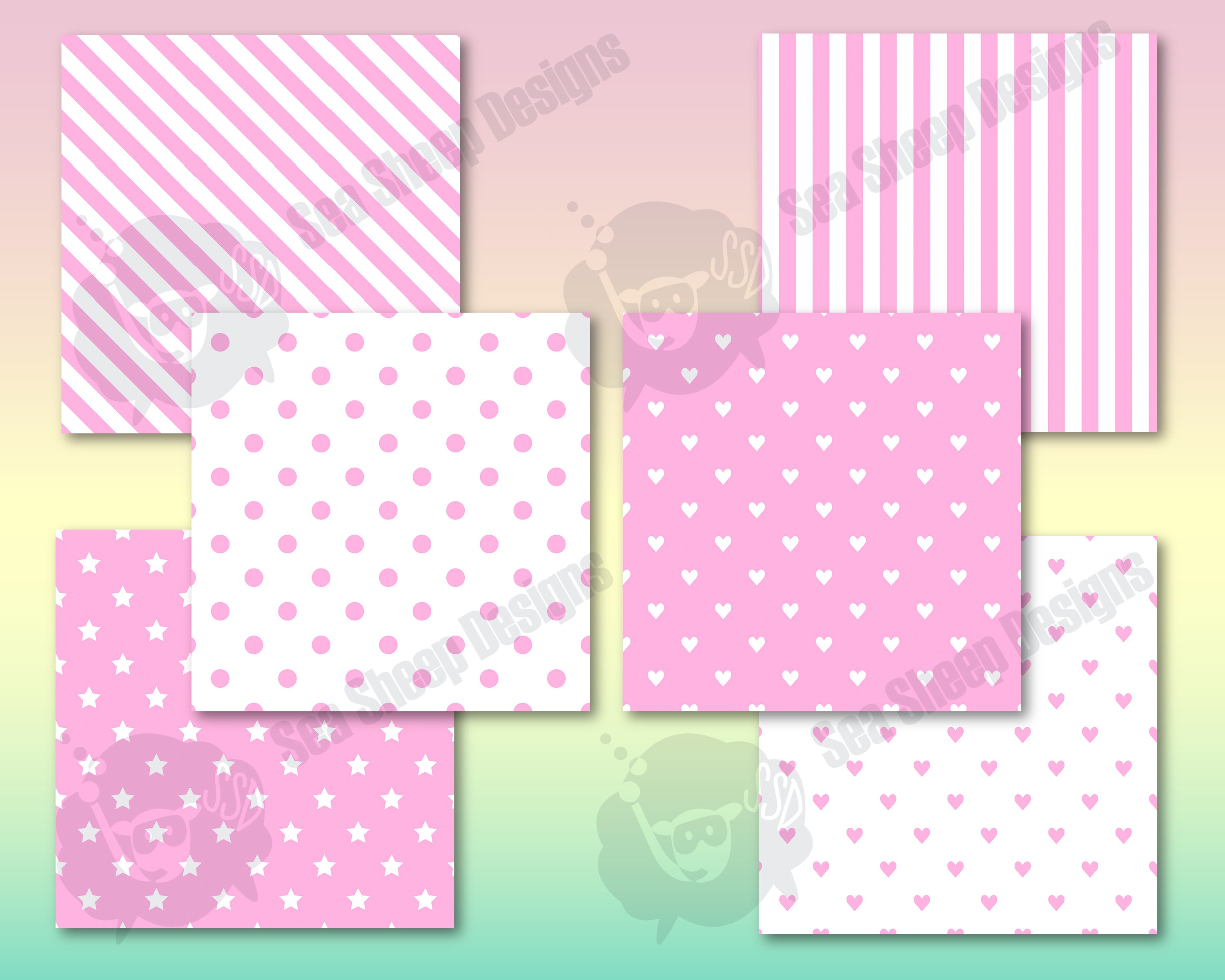 Cute Geometric Pink Digital Paper Set/ Hearts Polka Dot Stripes ...