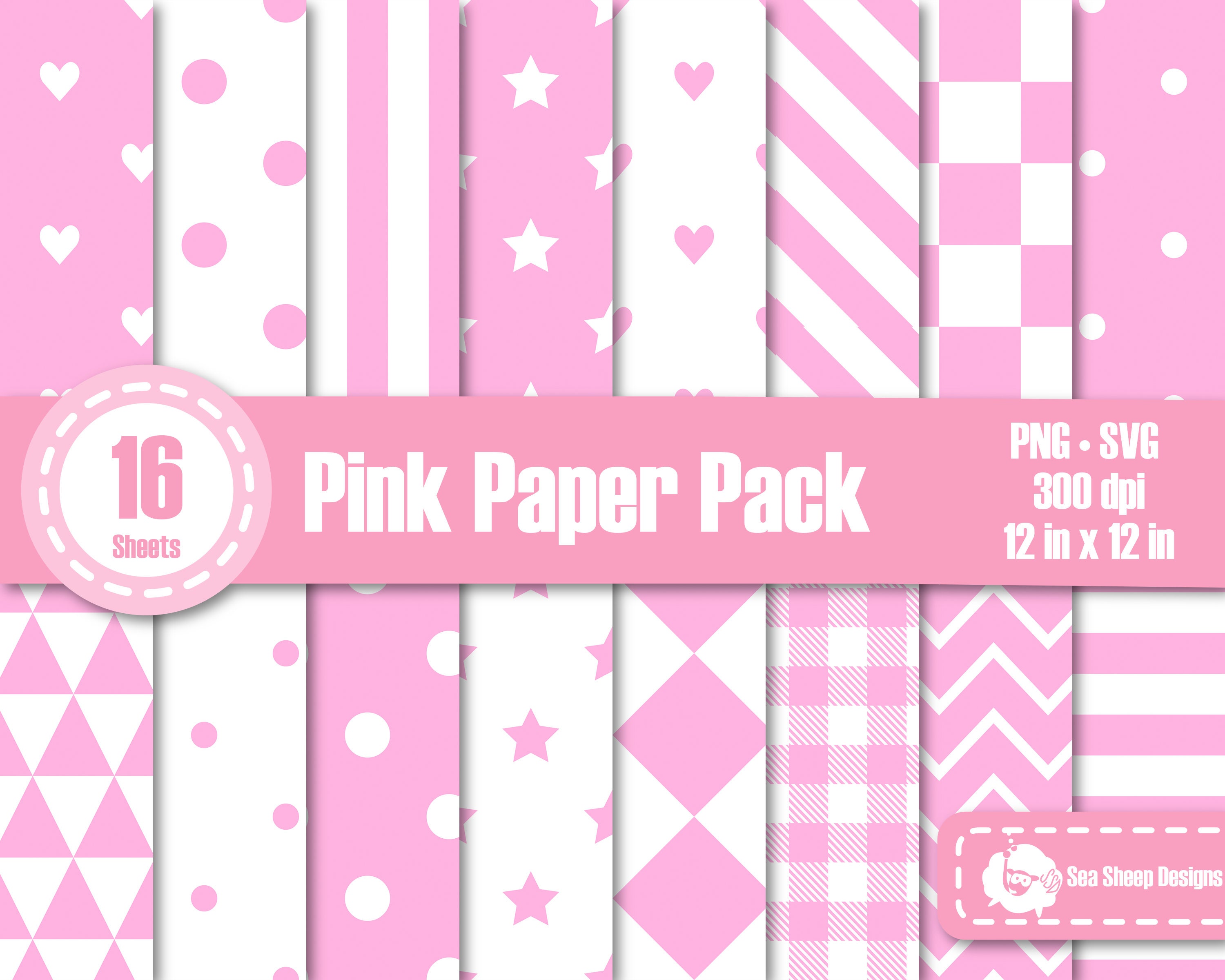 Cute Geometric Pink Digital Paper Set/ Hearts Polka Dot Stripes ...