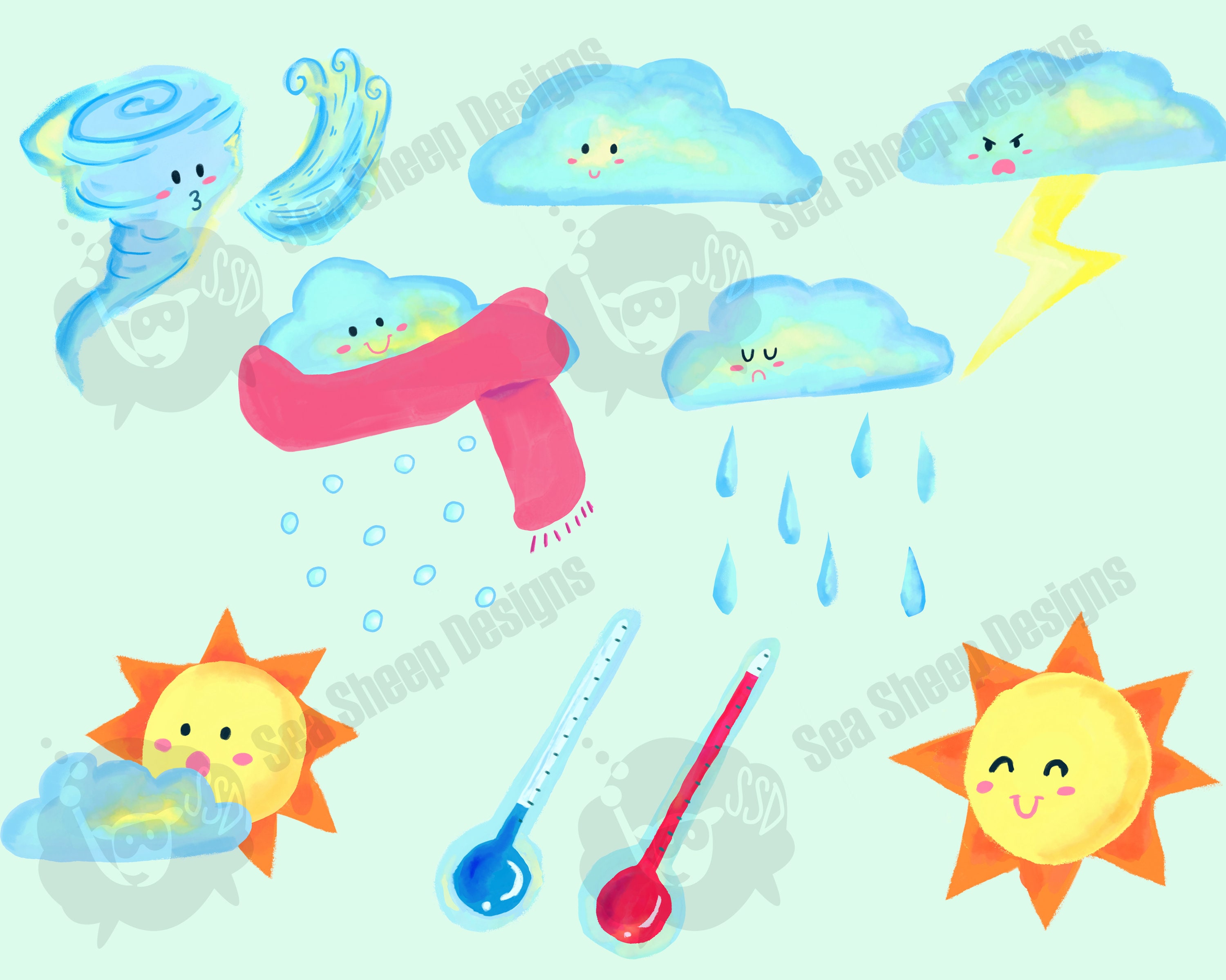 Watercolor Weather Clipart Set, Cute Cartoon PNG, Digital Instant ...