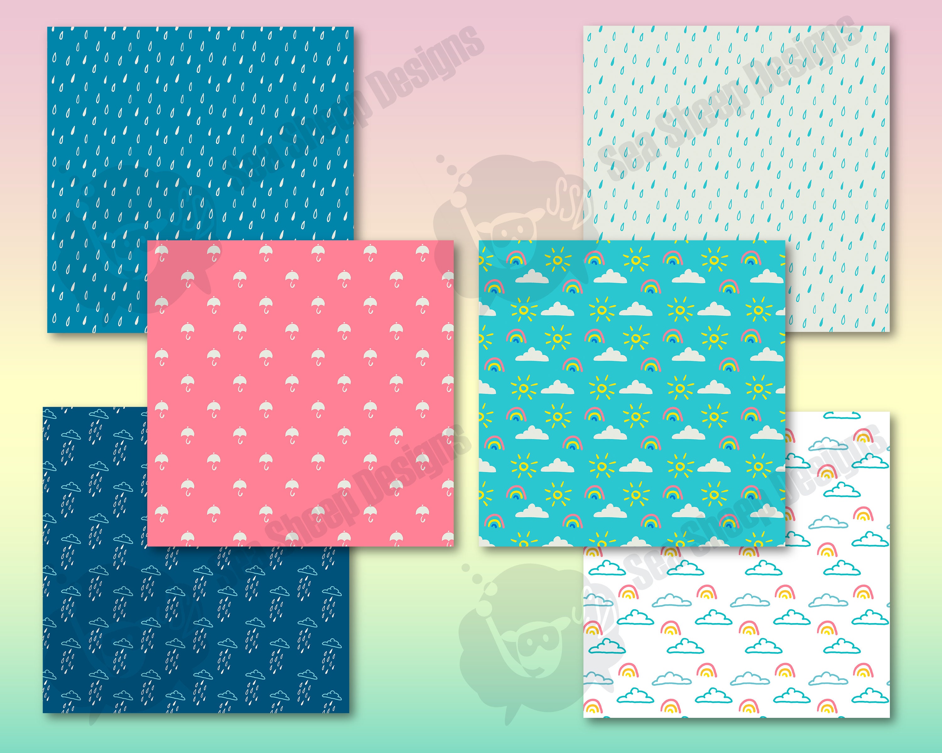 Rainy Day and Sunny Day Digital Paper Set/ Hand Drawn Weather Paper ...