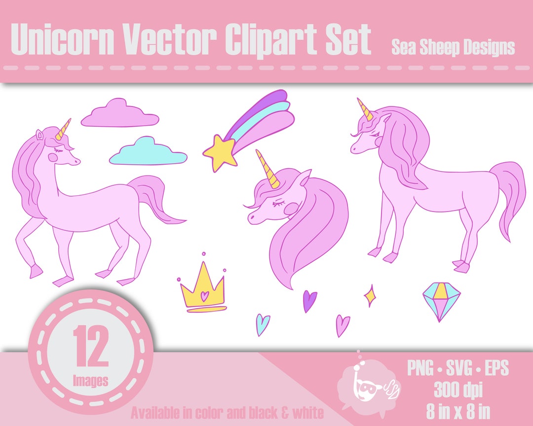 Unicorn Digital Vector Clipart Set, Cute Celestial Illustrations of ...