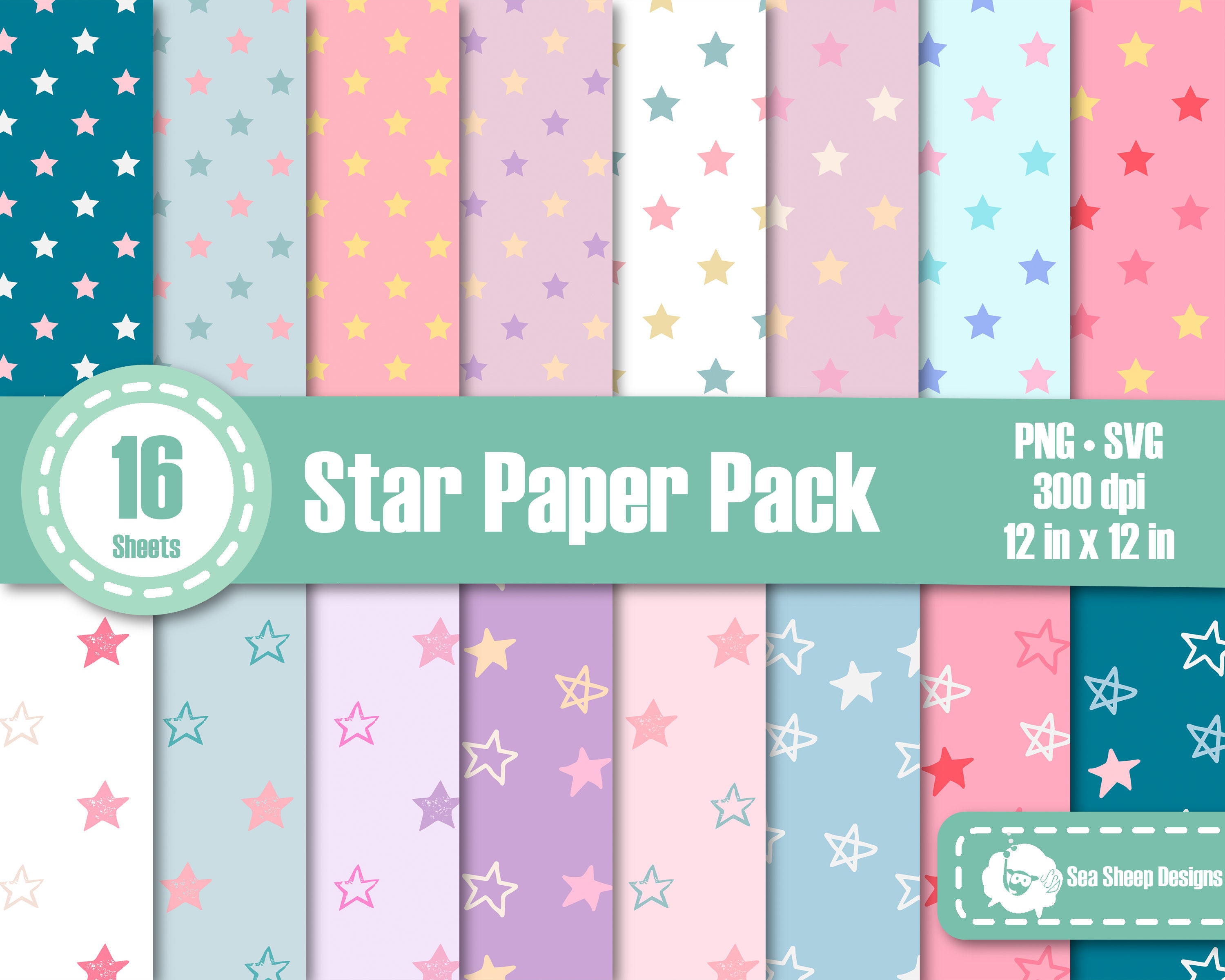 Star Digital Paper Pack, Simple Hand Drawn Pastel PNG SVG Seamless ...