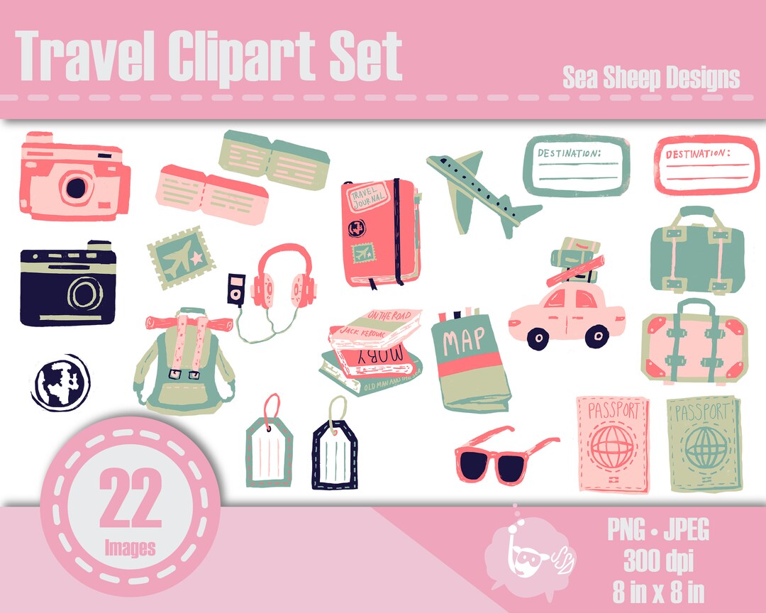 Travel Digital Clipart Set With Hand Painted Illustrations, Vacation ...