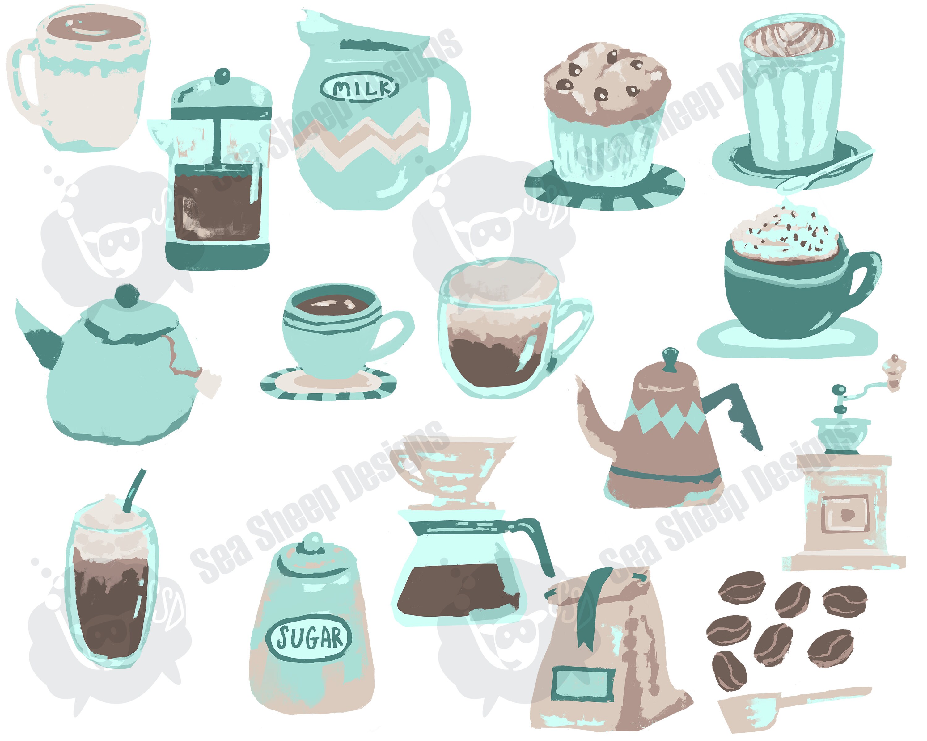 Coffee Digital Clipart Set With Hand Painted Style Illustrations, Cafe ...