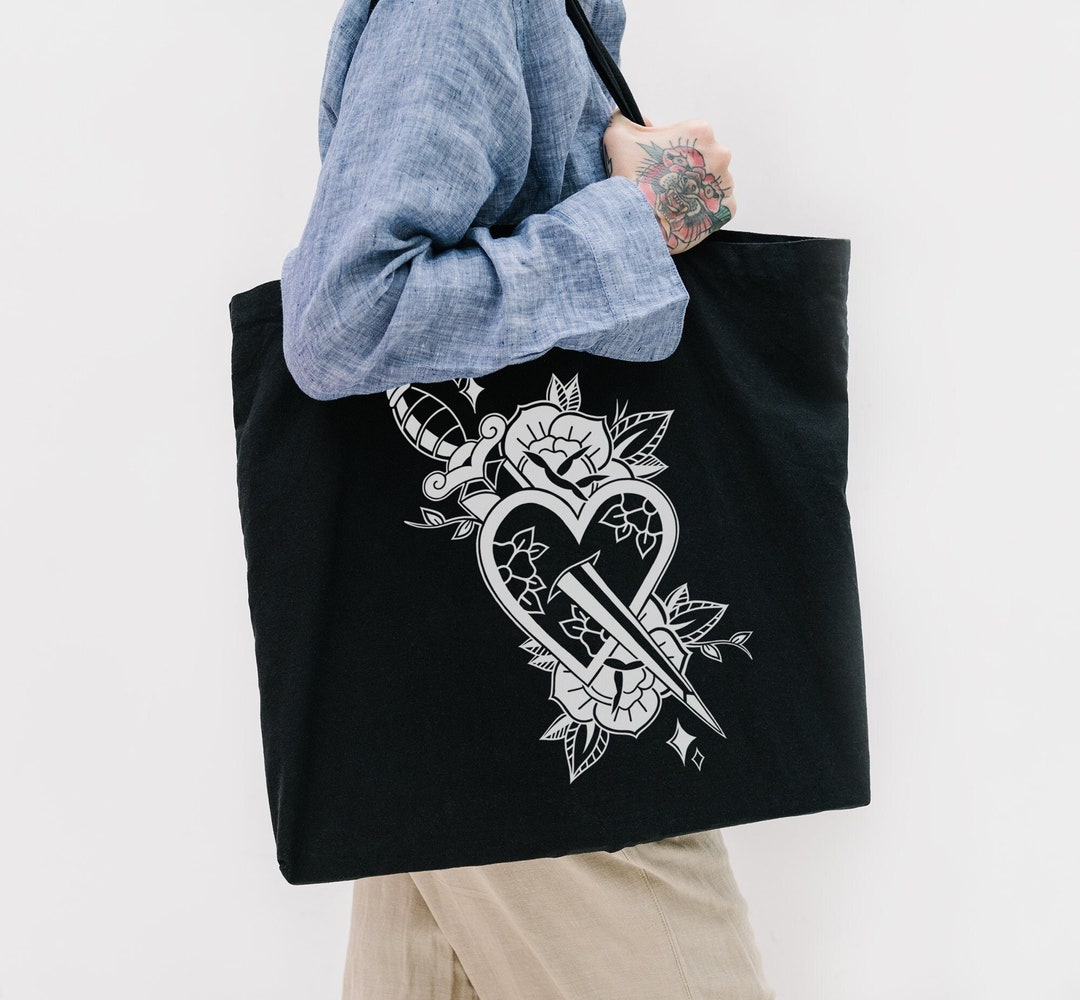 Heart Dagger Tote Bag | Traditional Tattoo Style Tote Bag With Dagger ...