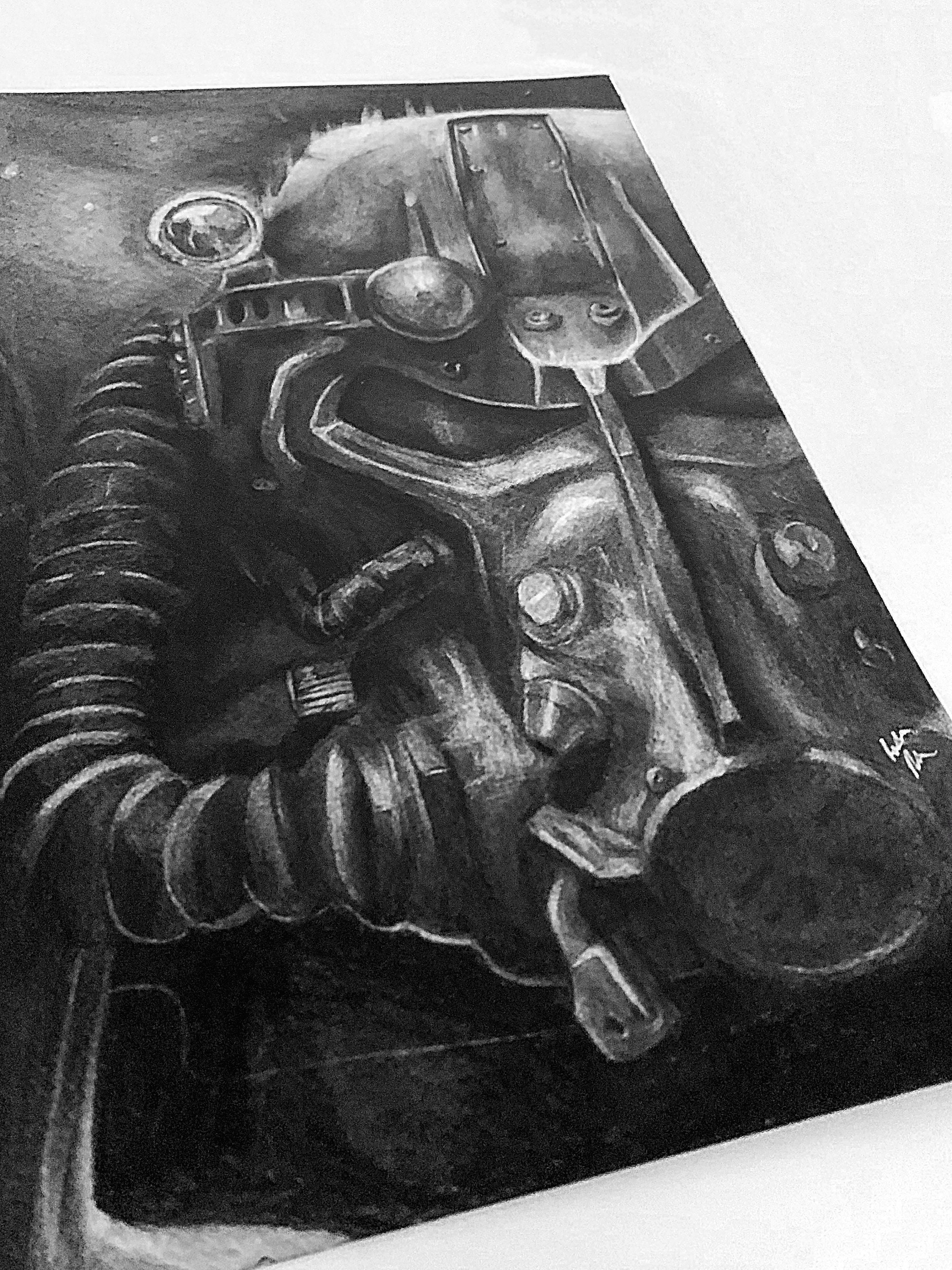 Fallout Power Armor Handmade Charcoal Illustration Print, Bethesda Fan ...