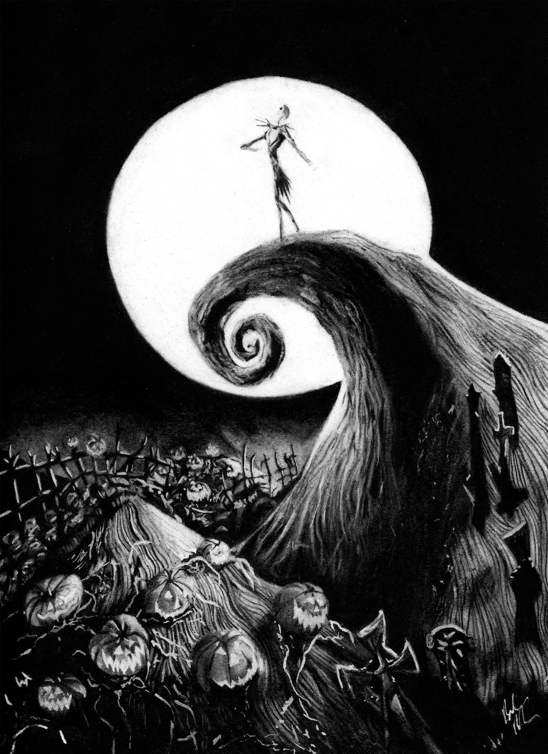 Jack Skellington Handmade Charcoal Illustration Print, Nightmare Before ...