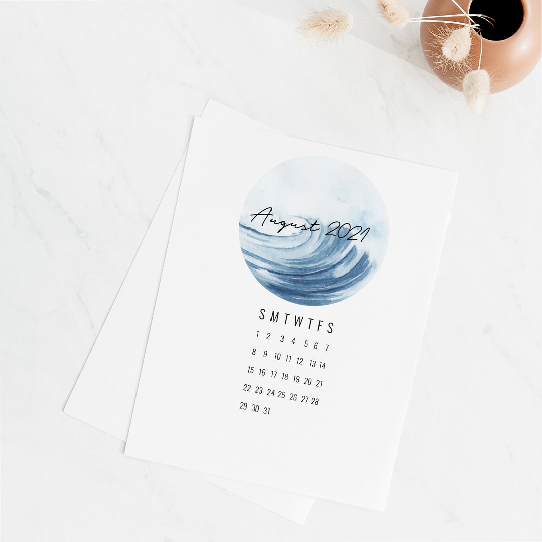 August 2021 Wall Calendar With or Without Notes Section, Wave and Ocean ...