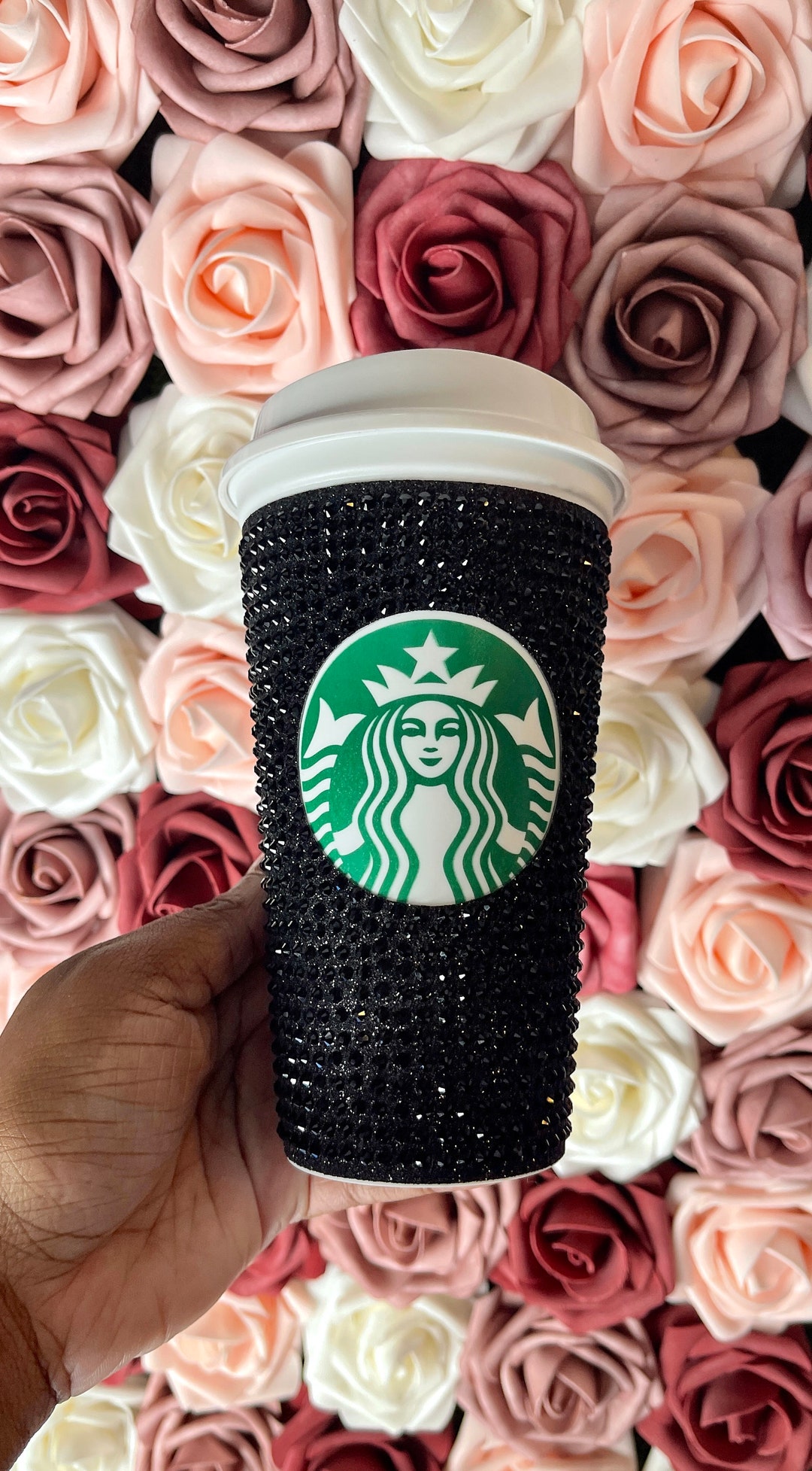 Black Glitter HTV and Black Rhinestone Bling Hot Cup Starbucks Tumbler ...
