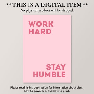 Work Hard Stay Humble, Motivational Quote Poster, Daily Affirmation ...