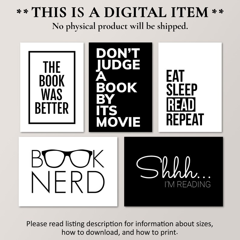 Book Lover Posters Set of 5 Prints Home Library Décor - Etsy