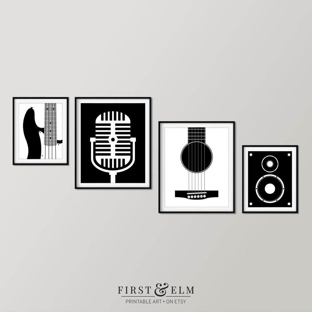 Music Room Wall Art, Set of 4 Prints, Musician Gift Ideas, Black and ...