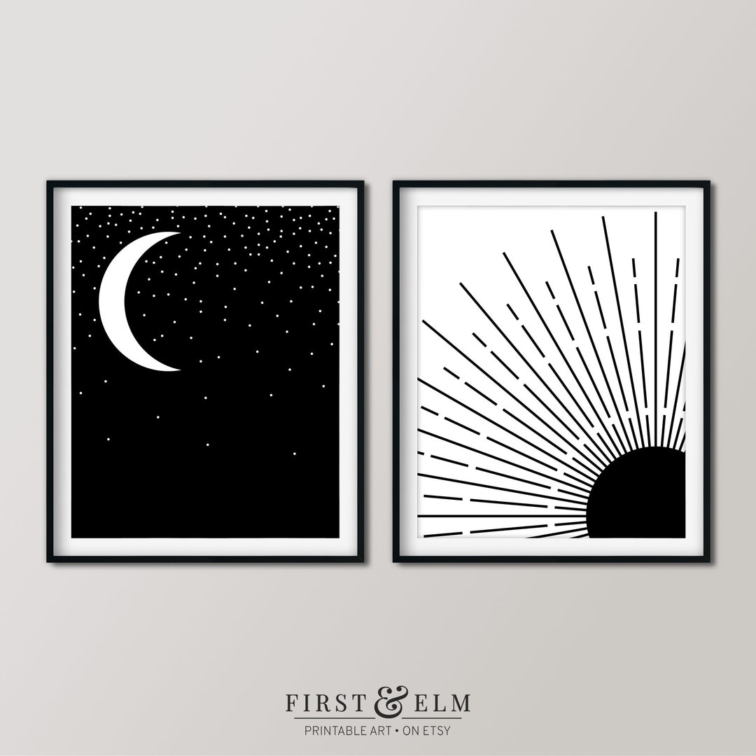 Sun and Moon Set of 2 Prints, Celestial Nursery Theme, Black and White ...