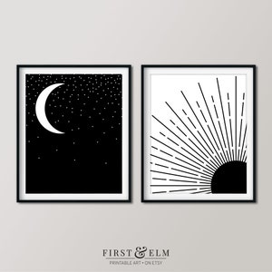Sun and Moon Set of 2 Prints, Celestial Nursery Theme, Black and White ...