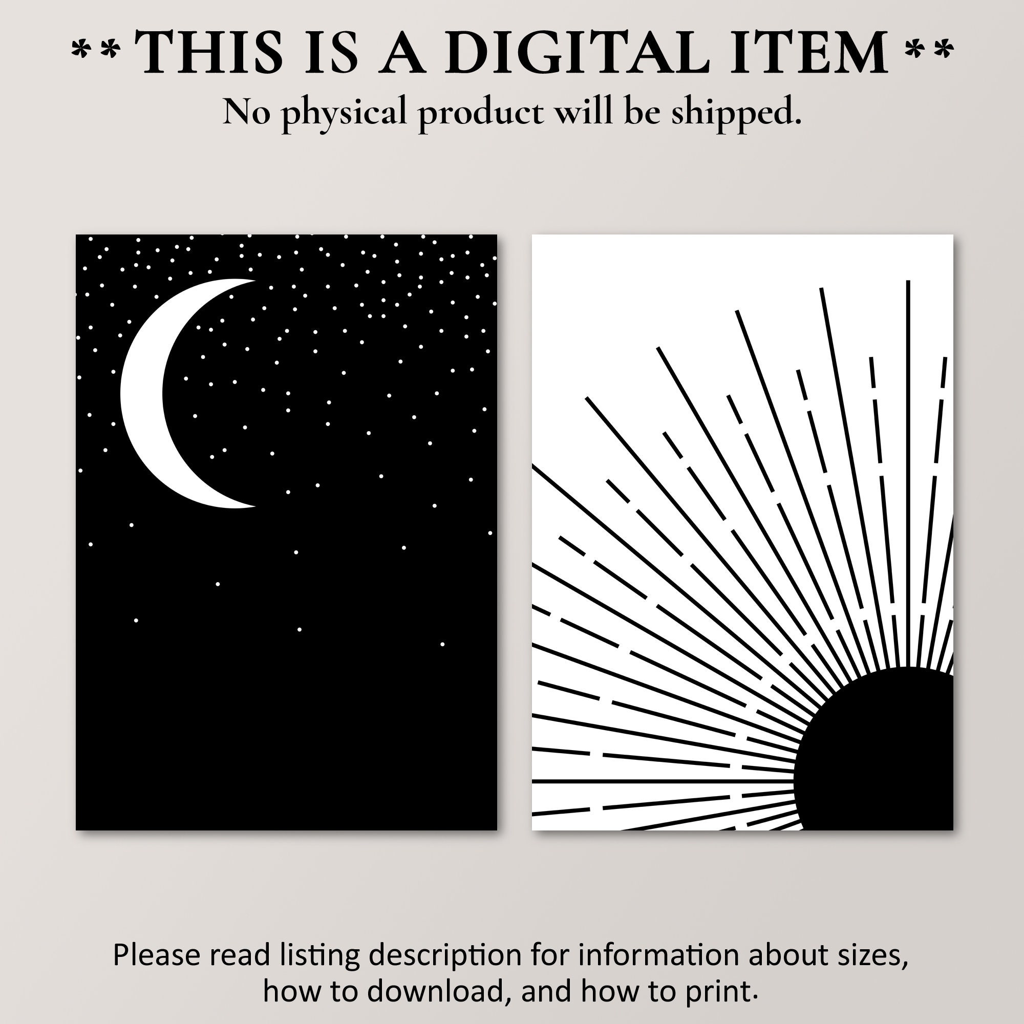 Sun and Moon Set of 2 Prints, Celestial Nursery Theme, Black and White ...