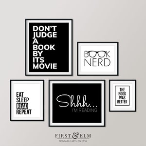 Book Lover Posters, Set of 5 Prints, Home Library Décor, English ...
