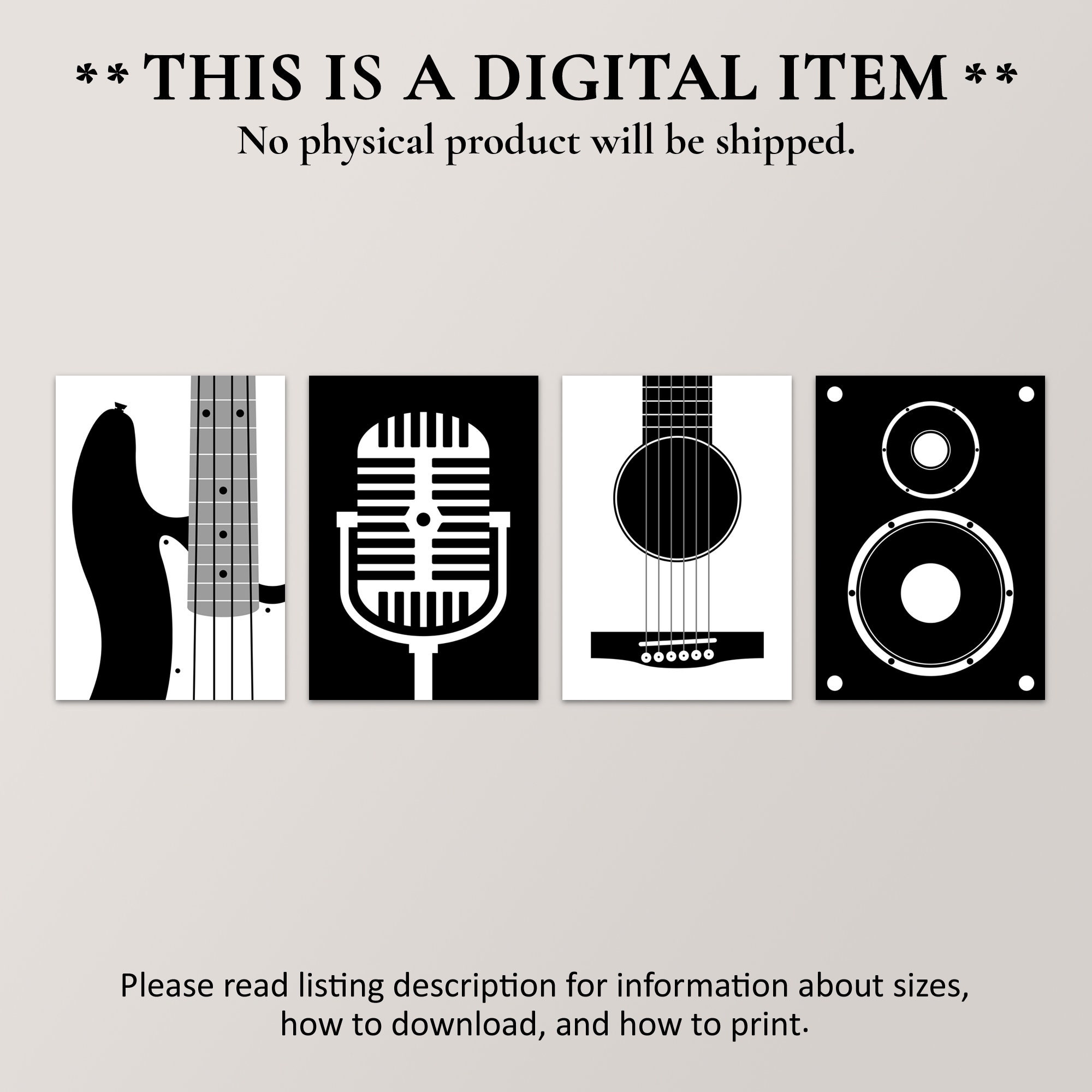 Music Room Wall Art, Set of 4 Prints, Musician Gift Ideas, Black and ...
