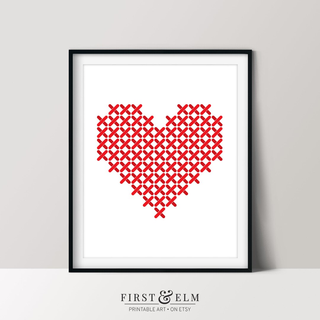 Cross Stitch Heart Print, Unique Home Décor, Embroiderer Gift, Instant ...
