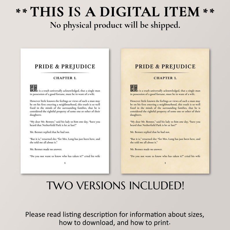 Pride and Prejudice, First Pages of Books, Famous Novels, Printable ...
