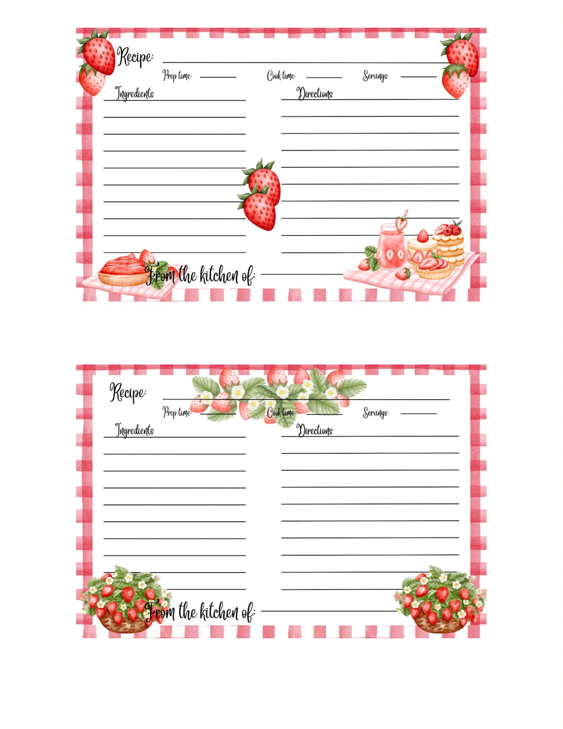 4x6 Recipe Cards, Instant Download, Printable, Strawberries, Gingham ...