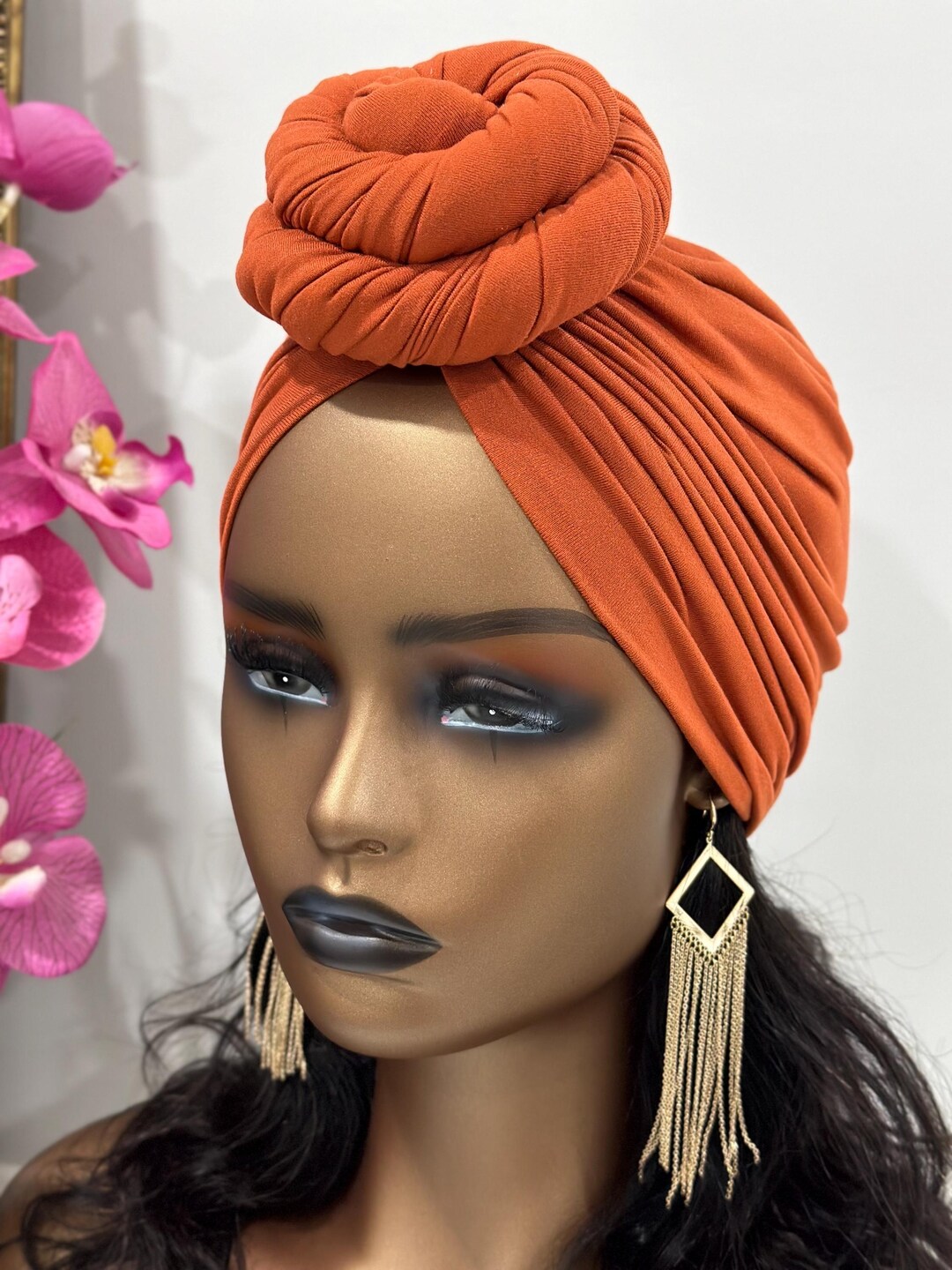 SATIN LINED Pre-tied Turban | Pre Tied Head Wrap | Orange Turban | Head ...