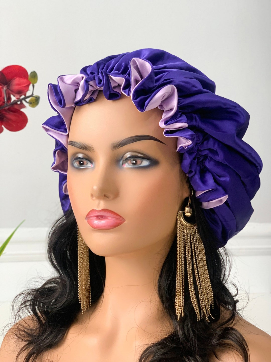 Purple Satin Bonnet Adjustable With Drawstring Natural Hair Cover Jumbo ...