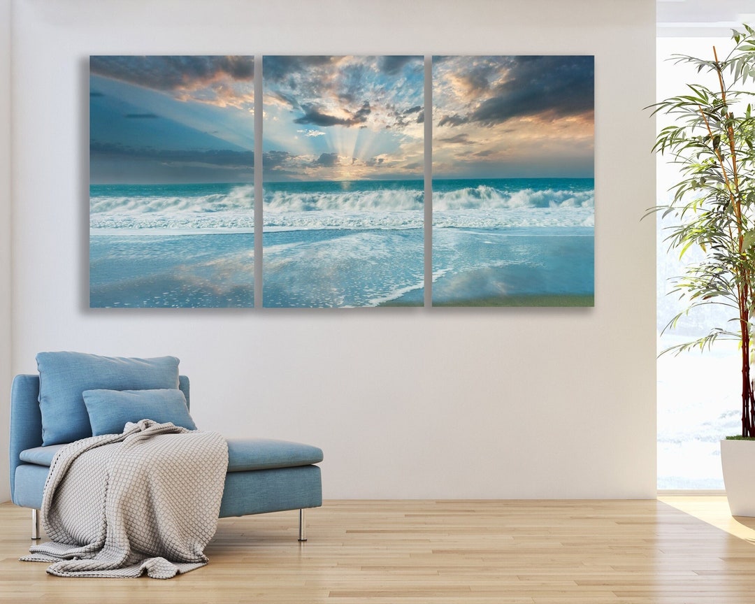 Triptych Ocean Print, Beach Aluminum Wall Art, Large Sunset Photo ...