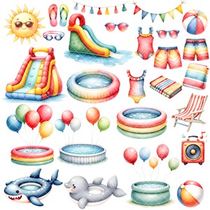 Pool Party Clipart - Watercolor - Cute Summer Clipart - Boy's Birthday ...