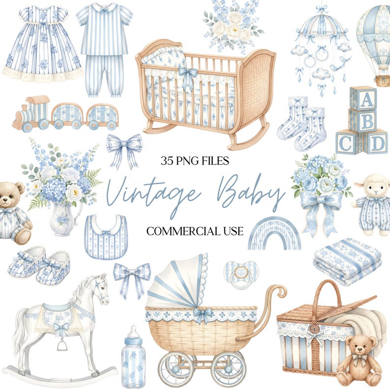Vintage Blue Baby Clipart - Watercolor - Toile - Floral - Nursery Art ...