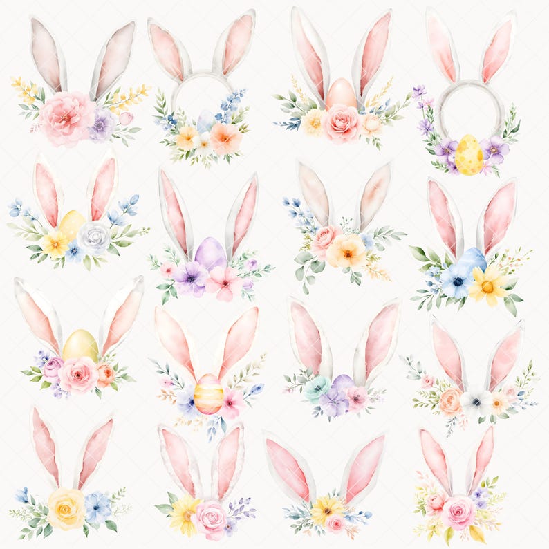 Floral Rabbit Ear Clipart - Watercolor - Easter Png - Bunny Ears ...