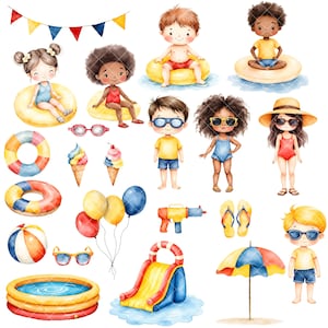 Pool Party Clipart - Watercolor - Cute Summer Clipart - Kid's Birthday ...