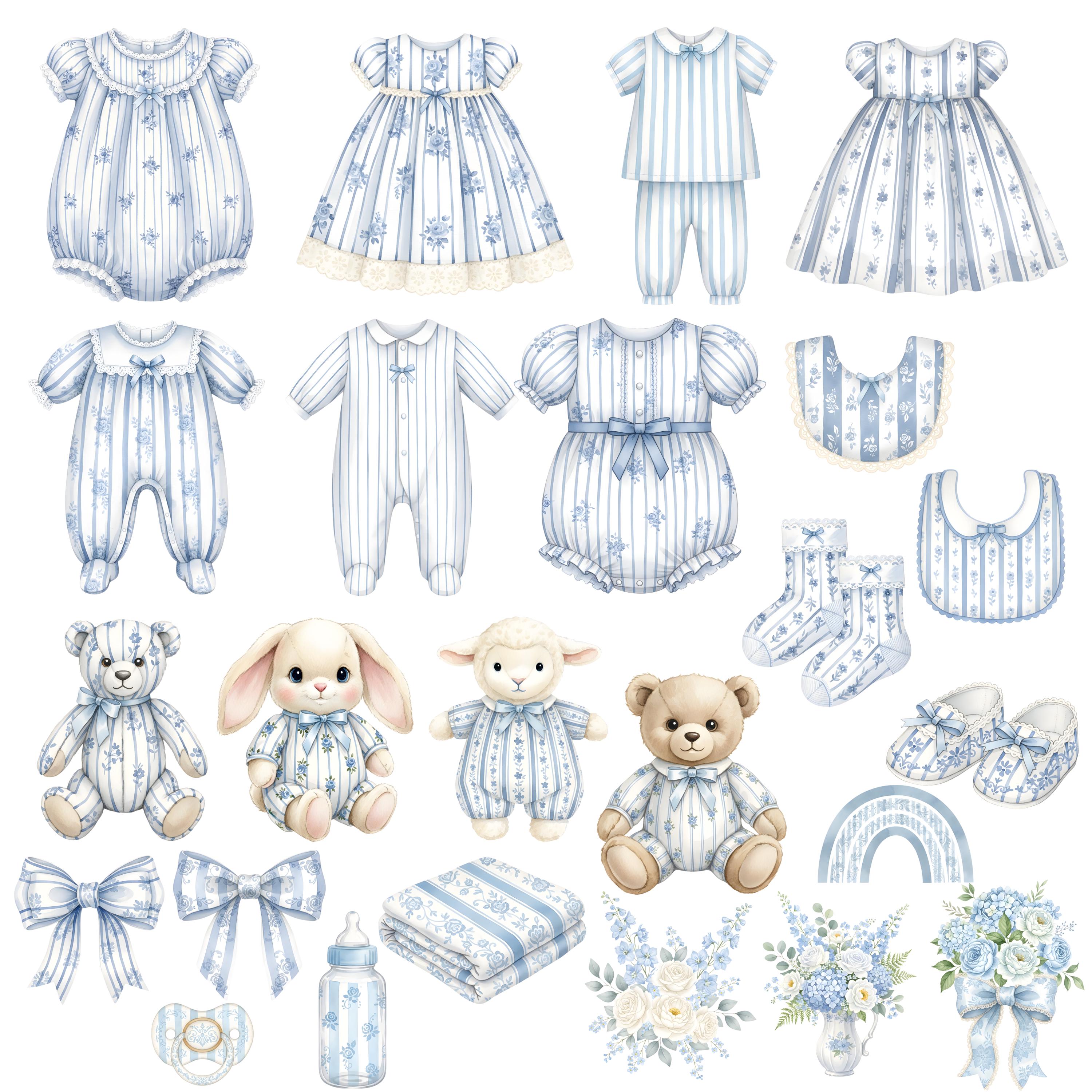 Vintage Blue Baby Clipart - Watercolor - Toile - Floral - Nursery Art ...