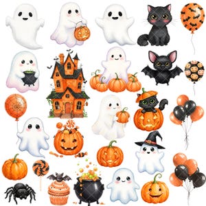Cute Halloween Clipart - Watercolor - Ghost - Pumpkin - Cat - Spider ...